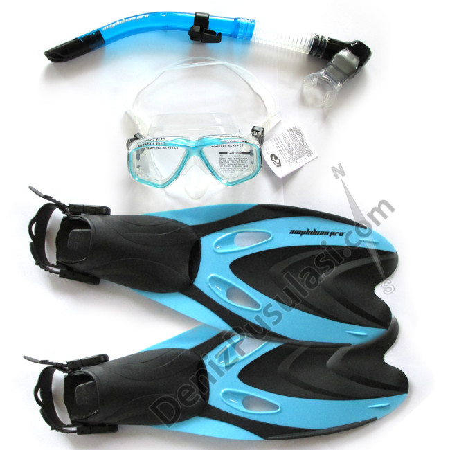 Amphibian Pro Palet + Maske + Şnorkel Seti / Mavi